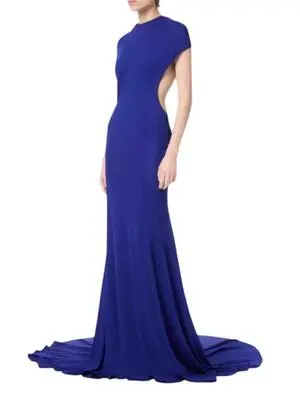 TOM FORD Backless Evening Dress With Cap Sleeves And Train - Blue