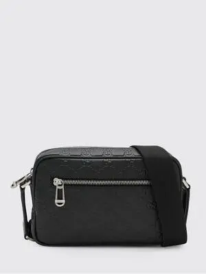 Gucci Gg Emblem Leather Bag With Embossed Gg Monogram - Black