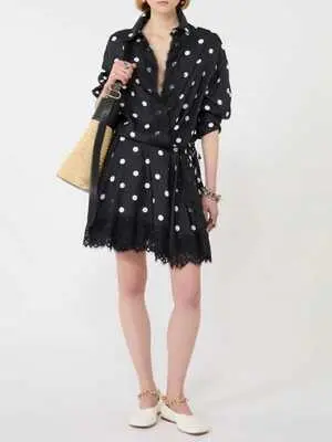 Sportmax Polka Dot Silk Twill Dress With Lace Trim
