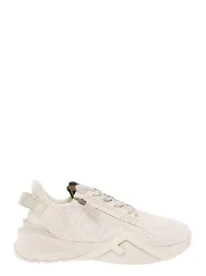 Fendi Sneaker Flow' With Ff Jacquard Logo Print And Leather - White