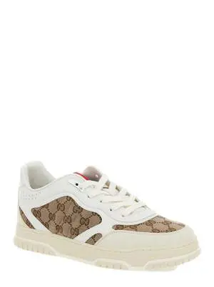 Gucci Low Sneakers 're-web' With Gg Logo In Leather And Tech Fabric Beige