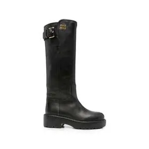 Miu Miu Grained Calf Leather Buckled Boots