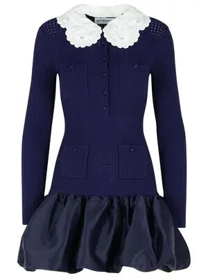 SELF-PORTRAIT Viscose Dress With Contrast Collar - Blue