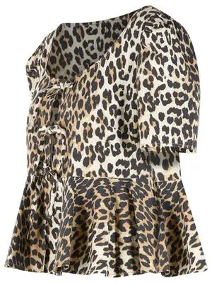 GANNI Leopard Print Cotton Blouse - Brown