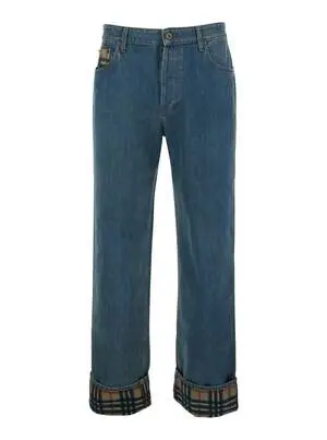 Burberry Dexter' Blue Jeans With Stonewash Effect And Check Motif Hem In Denim For - Multicolor