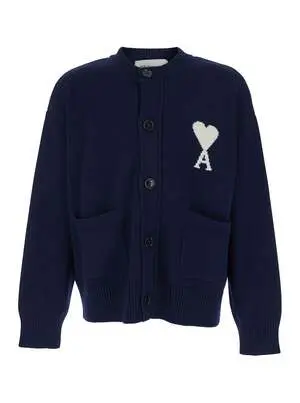 AMI Paris Blue Crew Neck Cardigan With Contrasting Adc Logo On The Front In Cotton And Wool Blend - Multicolor