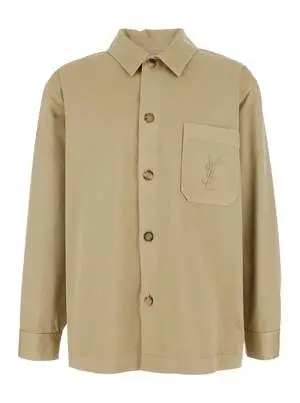 Saint Laurent Beige Shirt With Classic Collar And Cassandre Embroidery On The Front In Cotton For - Multicolor