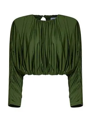SELF-PORTRAIT Olive Jersey Gathered Cropped Top - Multicolor