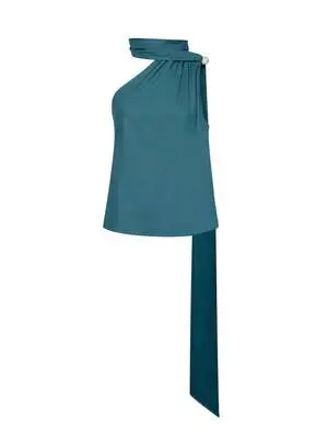 Giuseppe Di Morabito Teal Blue Virgin Wool One-shoulder Top With Jeweled Detail - Multicolor