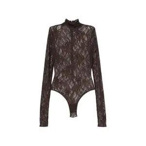 Andamane Lace Pattern High Neck Long Sleeves Slim Fit Top - Brown