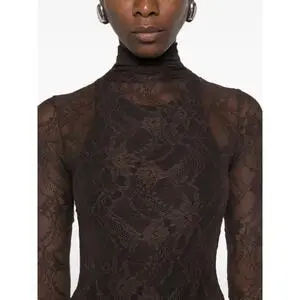 Andamane Lace Pattern High Neck Long Sleeves Slim Fit Top - Brown