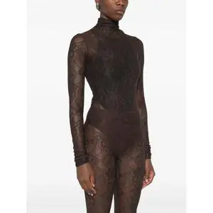 Andamane Lace Pattern High Neck Long Sleeves Slim Fit Top - Brown