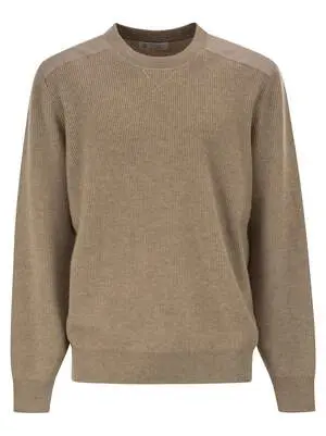 Brunello Cucinelli Pure Cashmere Ribbed Crew-neck Sweater With Cotton Details - Cream