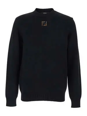 Fendi Crewneck Sweater With Ff Embroidery On The Front In Wool For - Black