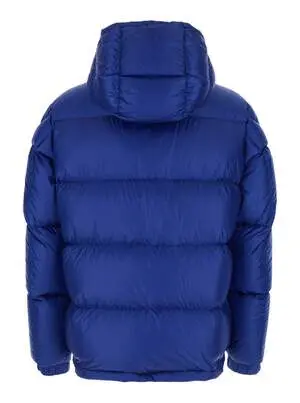 Moncler Rivau' Blue Down Jacket With Fixed Hood And Logo Patch On The Sleeve In Tech Fabric