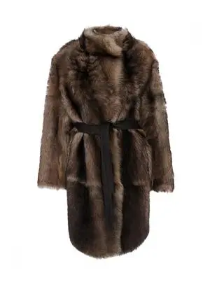 YVES SALOMON Brown Shearling Coat With High Neck And Front Belt Closure In Fur - Multicolor
