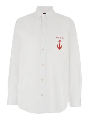 Gucci White Shirt With Classic Collar And Logo Detail On The Front In Cotton - Multicolor