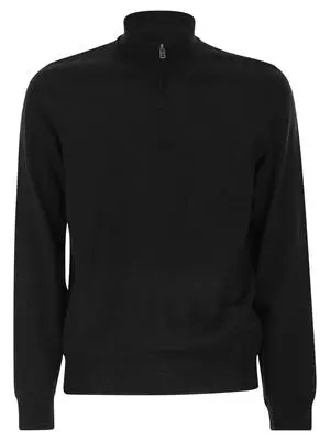 BOSS Virgin Wool Jumper With Zip Collar - Black