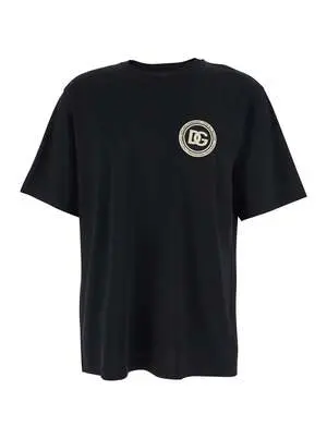 Dolce & Gabbana Crew Neck T-shirt With Logo Embroidery On The Front In Cotton For - Black