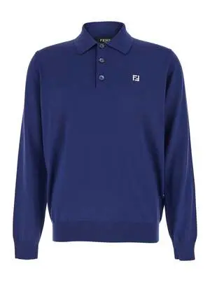 Fendi Blue Long Sleeve Polo With Classic Collar And Ff Plate On The Front In Wool For - Multicolor