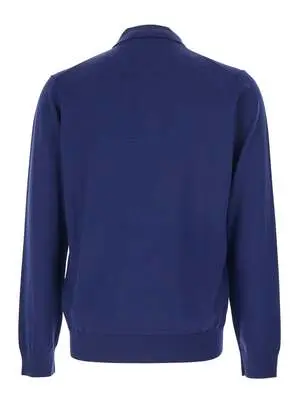 Fendi Blue Long Sleeve Polo With Classic Collar And Ff Plate On The Front In Wool For - Multicolor