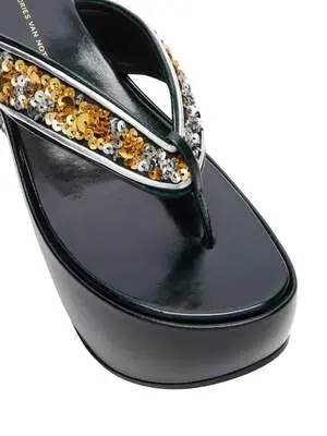 Dries Van Noten Sequined Wedge Flip-flop Sandals