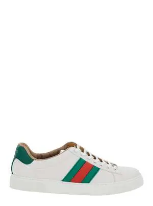 Gucci Ace' White Sneaker With Web Detail On The Side And Tag On The Front In Leather - Multicolor