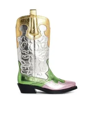GANNI Western Embroidered Mid Calf Boots - Multicolor