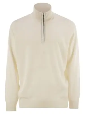 Brunello Cucinelli High-necked Cashmere Sweater With Zip Opening - Cream
