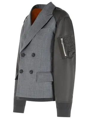 Sacai Blazer In Grey And Green Wool Blend