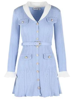 SELF-PORTRAIT Ribbed Mini Dress In Light Viscose Blend - Blue