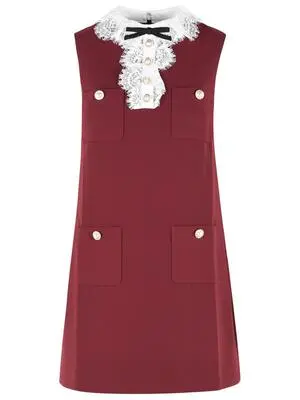 SELF-PORTRAIT Polyester Crêpe Mini Dress With Burgundy Lace Collar - Multicolor