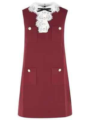 SELF-PORTRAIT Polyester Crêpe Mini Dress With Burgundy Lace Collar - Multicolor
