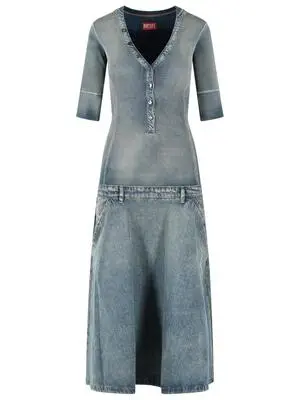DIESEL® Low Waist 'de-anim-s' Midi Dress In Knit And Denim - Blue