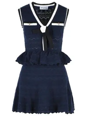 SELF-PORTRAIT Cotton Blend Openwork Knit Mini Dress - Blue