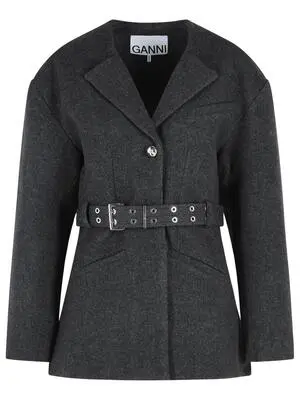 GANNI Peacoat' Grey Wool Blend Coat - Gray
