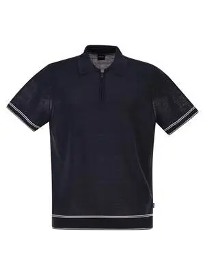 BOSS Linen And Viscose Polo Shirt With Zip And Contrast Trims - Blue