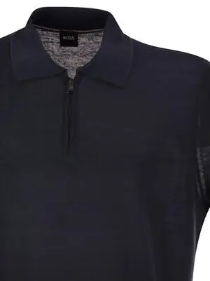 BOSS Linen And Viscose Polo Shirt With Zip And Contrast Trims - Blue