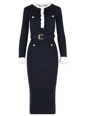 SELF-PORTRAIT Flower' Midi Dress In Navy Wool Blend - Blue
