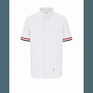 Thom Browne Logo Striped Oxford Short Sleeves Shirt - Gray