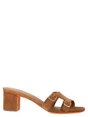 Santoni Suede Double Buckle Block Heel Mule Sandals - Brown