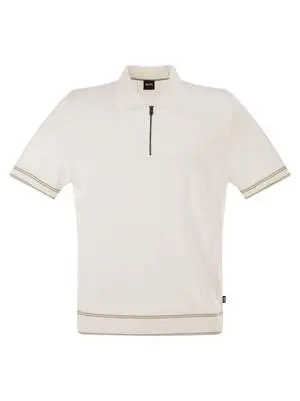 BOSS Linen And Viscose Polo Shirt With Zip And Contrast Trims - White