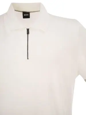 BOSS Linen And Viscose Polo Shirt With Zip And Contrast Trims - White