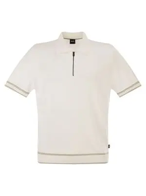 BOSS Linen And Viscose Polo Shirt With Zip And Contrast Trims - White