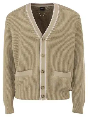 BOSS Ribbed Cotton Cardigan With Contrast Buttons - Cream
