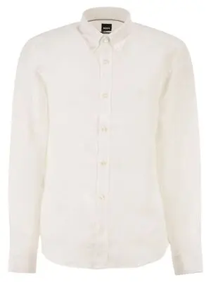 BOSS Pure Linen Regular Fit Shirt With Button-down Collar - White