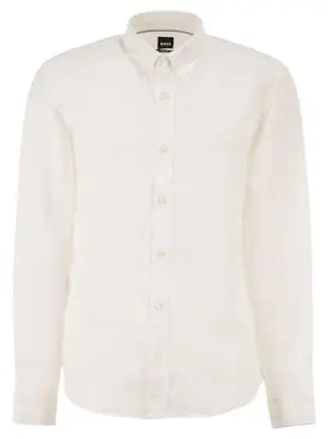 BOSS Pure Linen Regular Fit Shirt With Button-down Collar - White