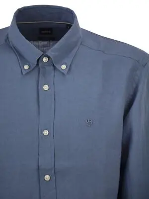 BOSS Pure Linen Regular Fit Shirt With Button-down Collar - Blue