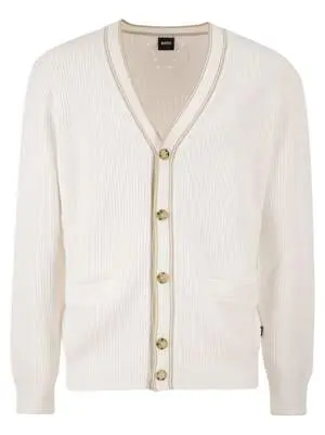 BOSS Ribbed Cotton Cardigan With Contrast Buttons - White