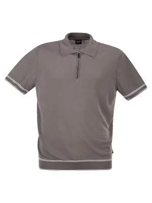 BOSS Linen And Viscose Polo Shirt With Zip And Contrast Trims - Gray